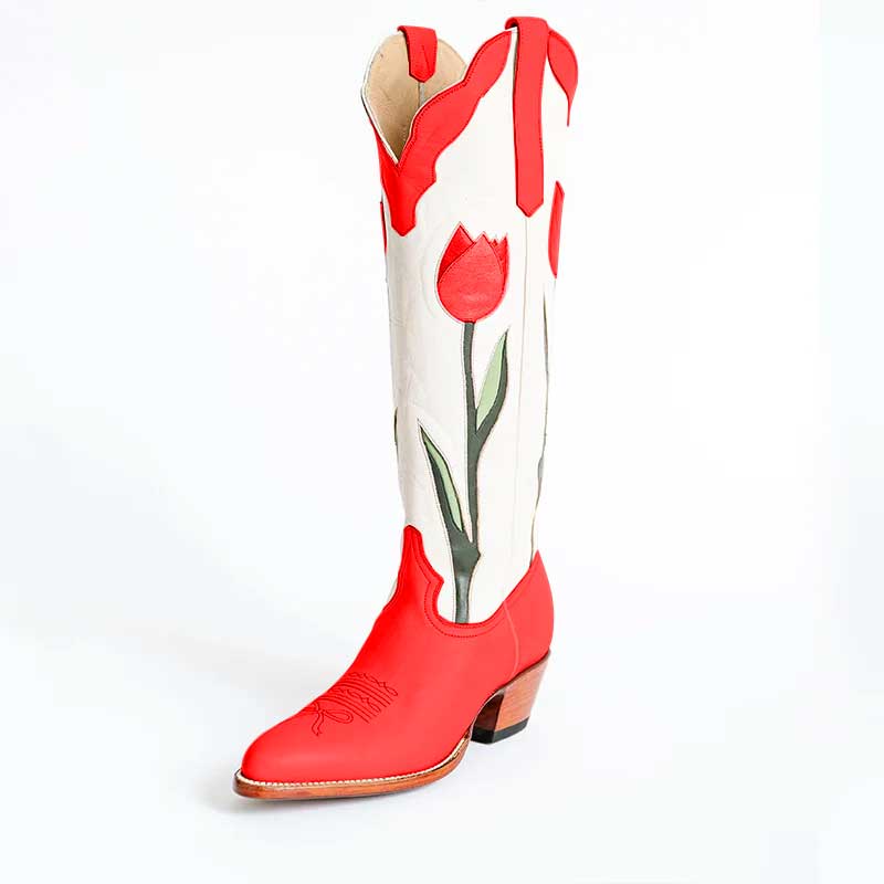 FSJ Red Chunky Heel Tulips Detail Knee High Cowboy Boots for Women