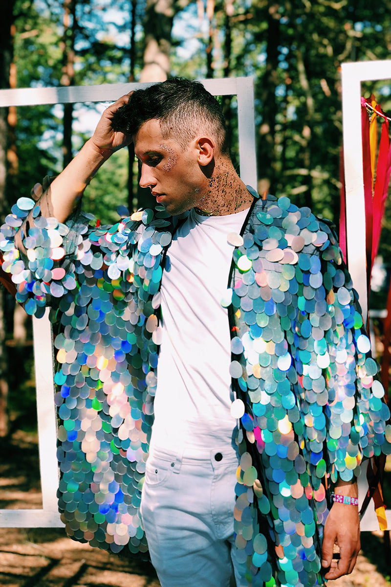 Laser PVC Disco Sequin Festival Silver Kimono