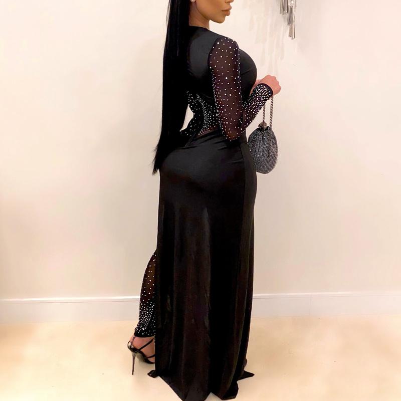 Solid Rhinestone Sheer Mesh Jumpsuit