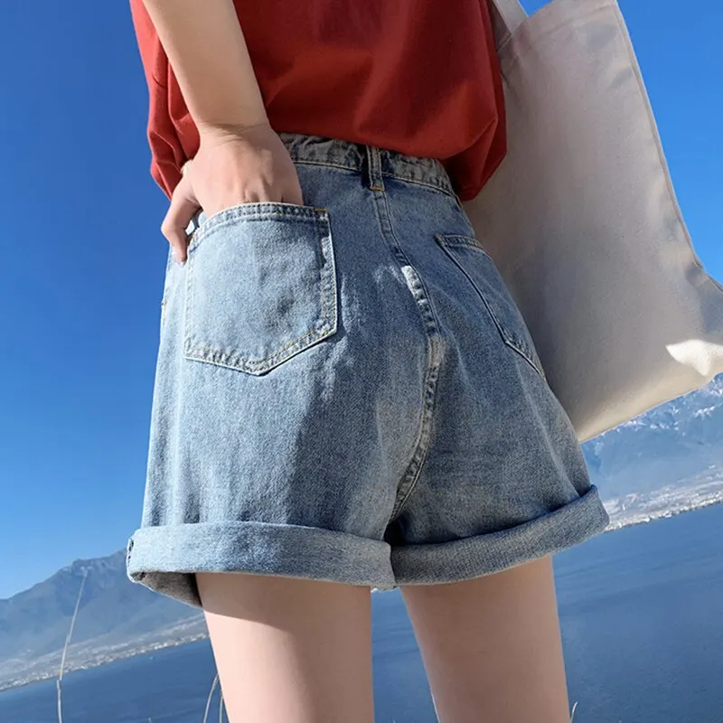 FTLZZ New Summer Women High Waist Wide Leg Denim Shorts Casual Female ...