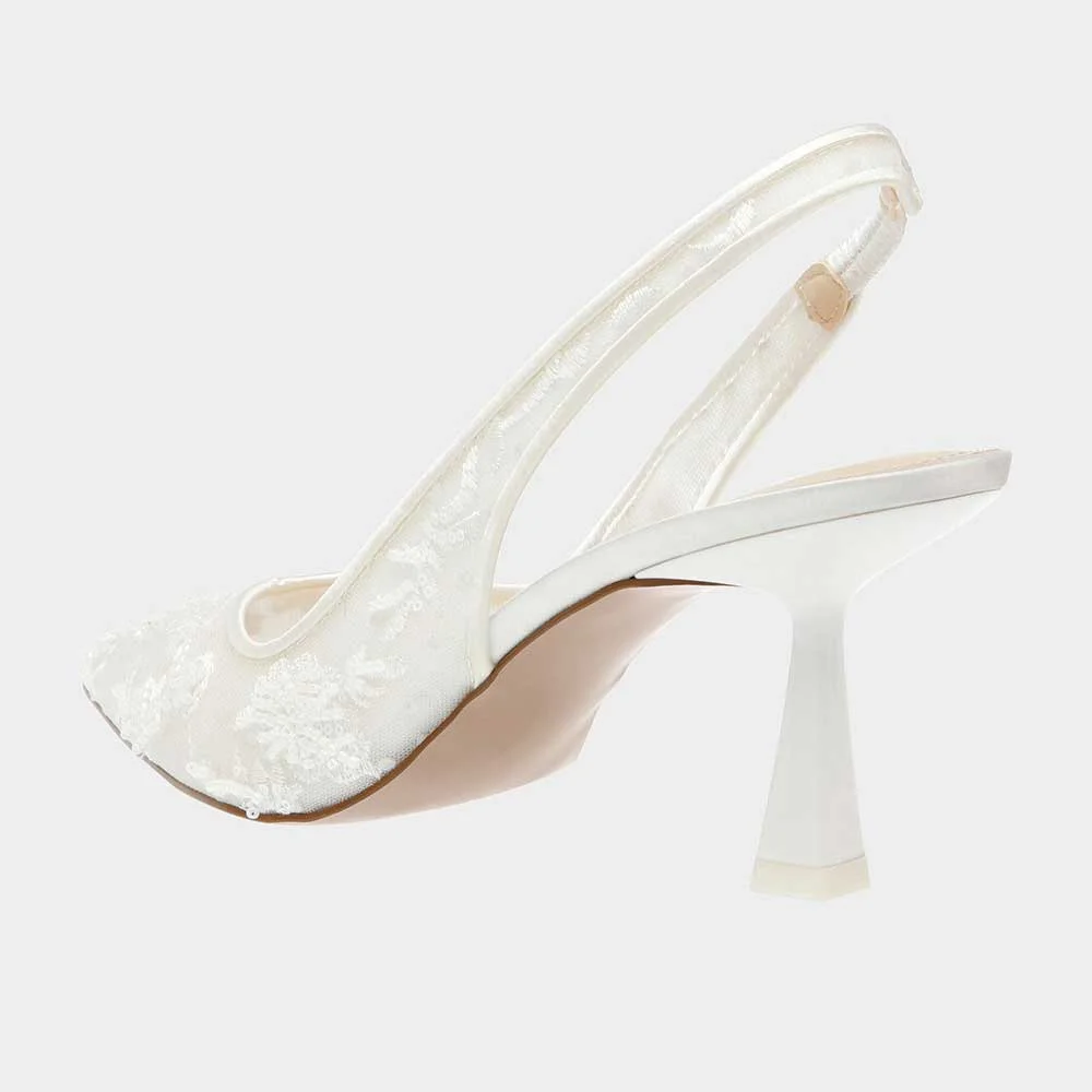 White Beaded Embroidered Pointed Toe Slingback Pumps with Flared Heel