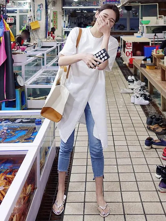 Elegant Split-Front Solid Loose T-Shirt Top