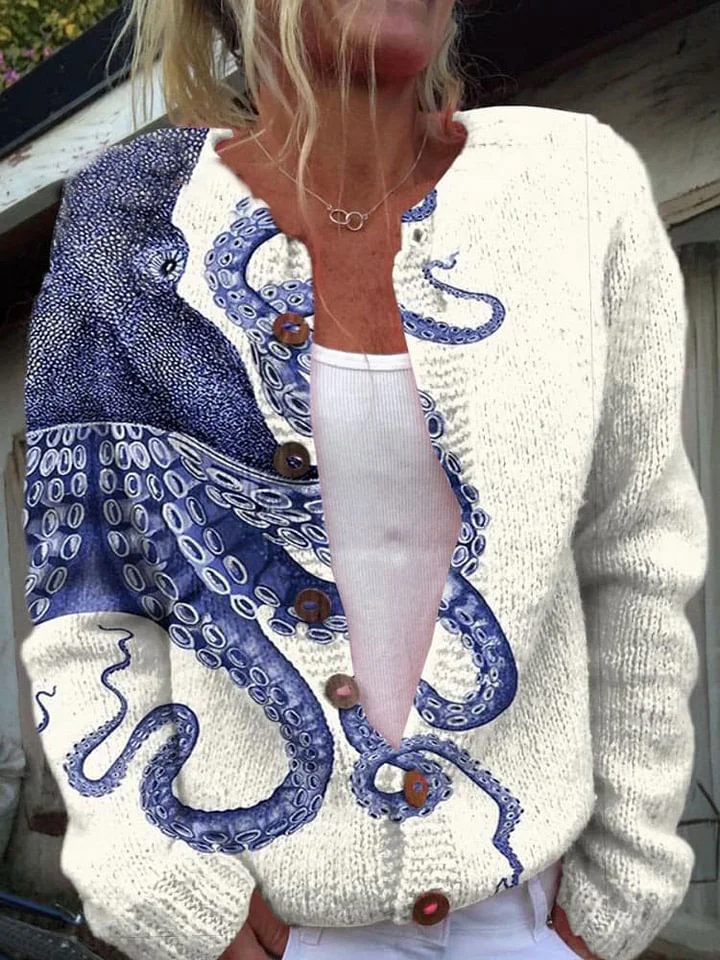 Deep Sea Octopus Tentacles Print Buttoned Cardigan Sweater
