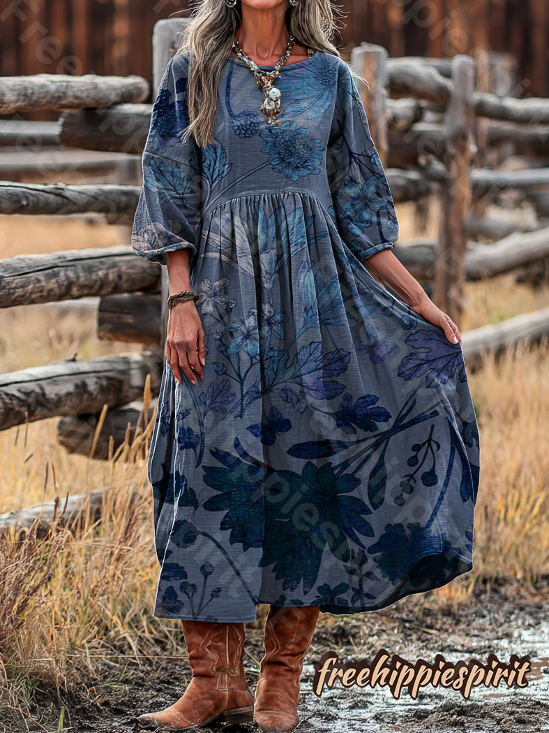 Women's Vintage Blue Floral Art Print Elegant Round Neck Cotton Dress