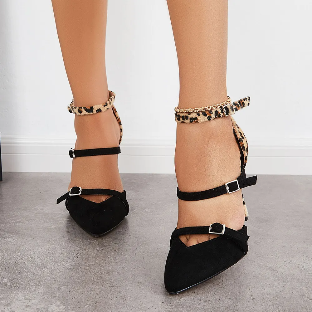 Black Leopard Print Closed Toe 3'' Stiletto Heel Ankle Strap Pumps