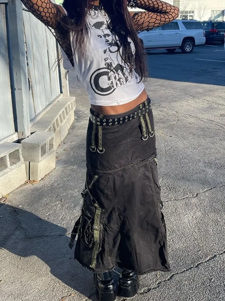 Wongn Grunge Fairycore Cargo Skirts Women Goth Punk Bandage Long Skirt ...