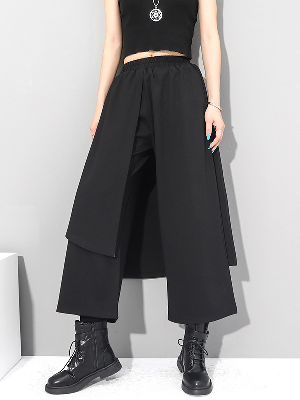 Irregular Elastic Waist Wide Leg Solid Color Pants