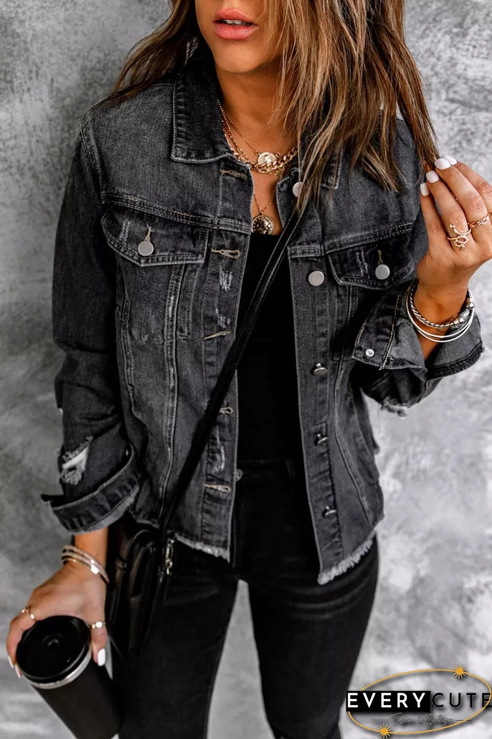 Wholesale Black Laser Etching Baseball Pattern Distressed Denim Jacket ...