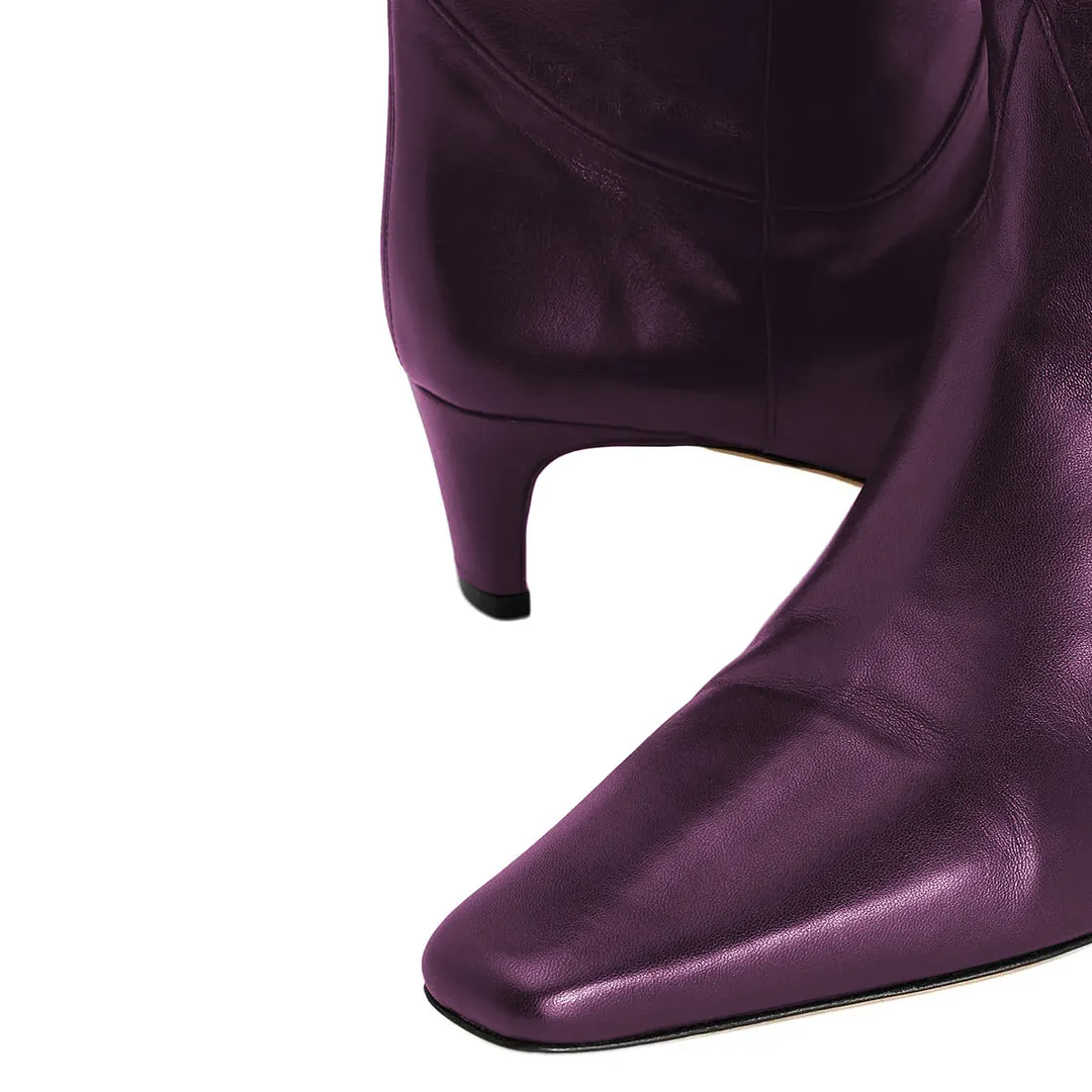 Purple Vegan Leather Square Toe Block Heel Long Boots for Women
