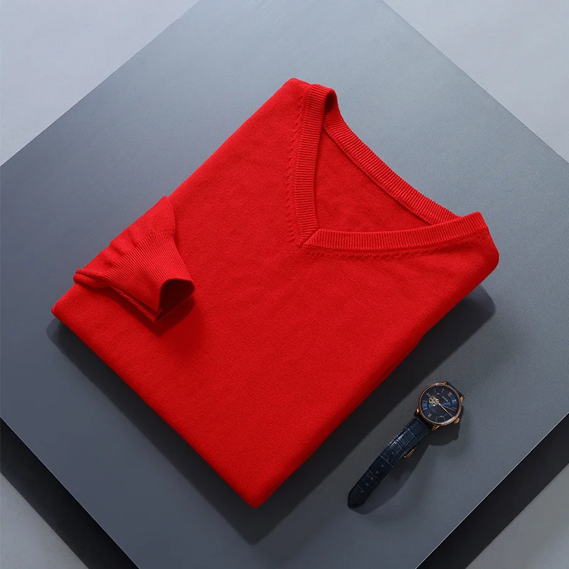 Mens Loose Solid Color V Neck Sweater