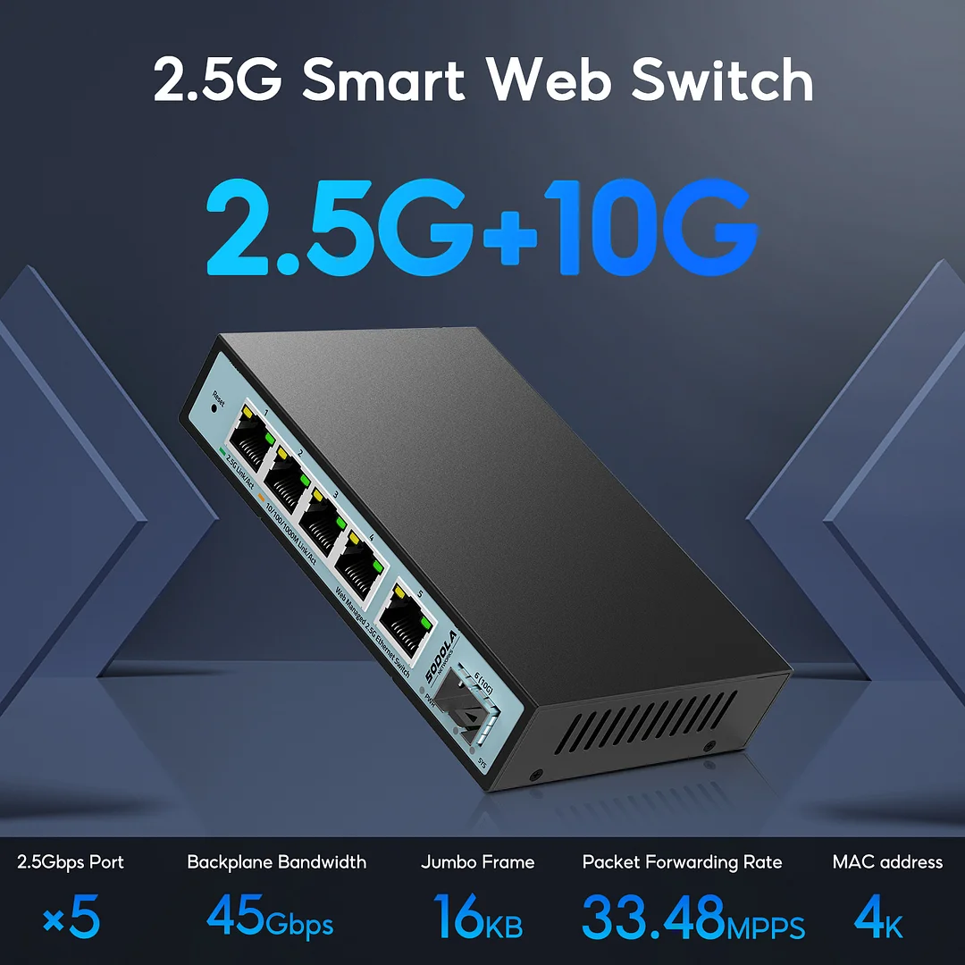 SODOLA 6 Port 2.5G Web Managed Switch,1 10G SFP Slot&5 x 2.5G Base-T ...