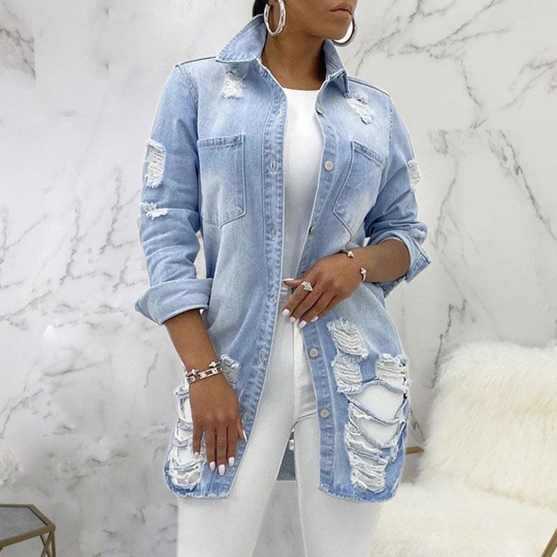 Denim Cutout Fringe Ripped Coat