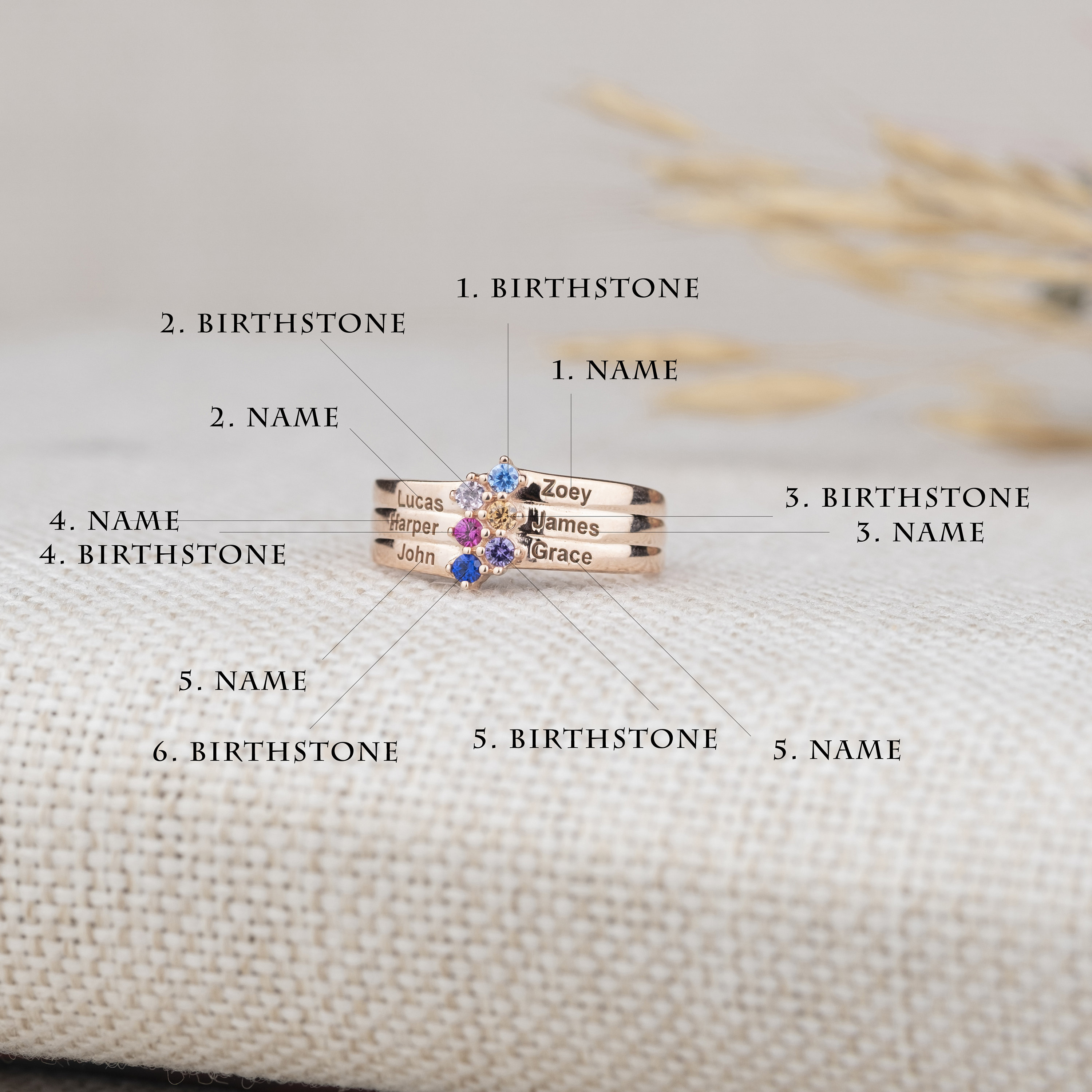 Personalized 2-4-6 Family Names Engraving Birthstone Ring