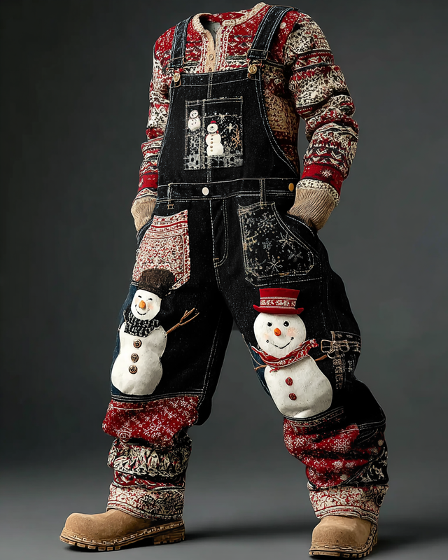 Men's Christmas-themed color-blocked overalls2781