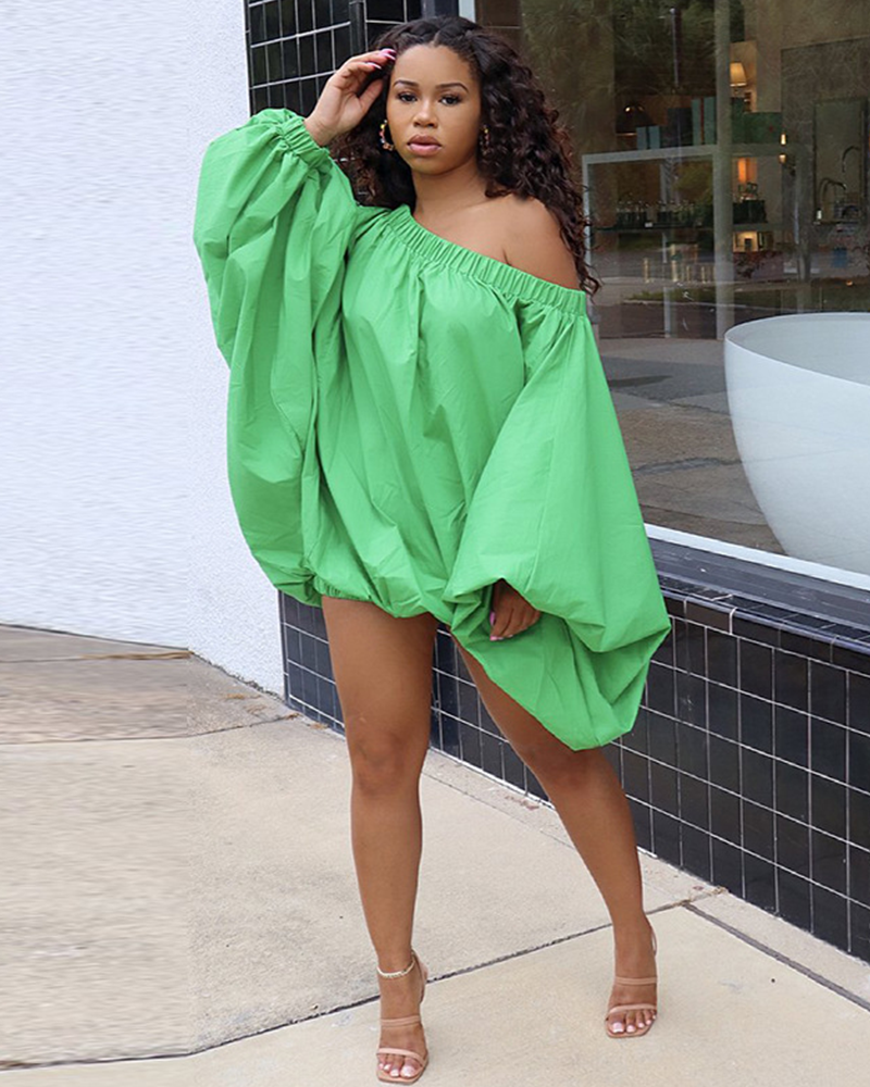 Lovely Solid Color Puff Sleeve Mini Dress