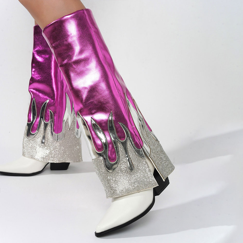 White & Hot Pink Metallic Rhinestone Flame Fold Over Cowgirl Boots