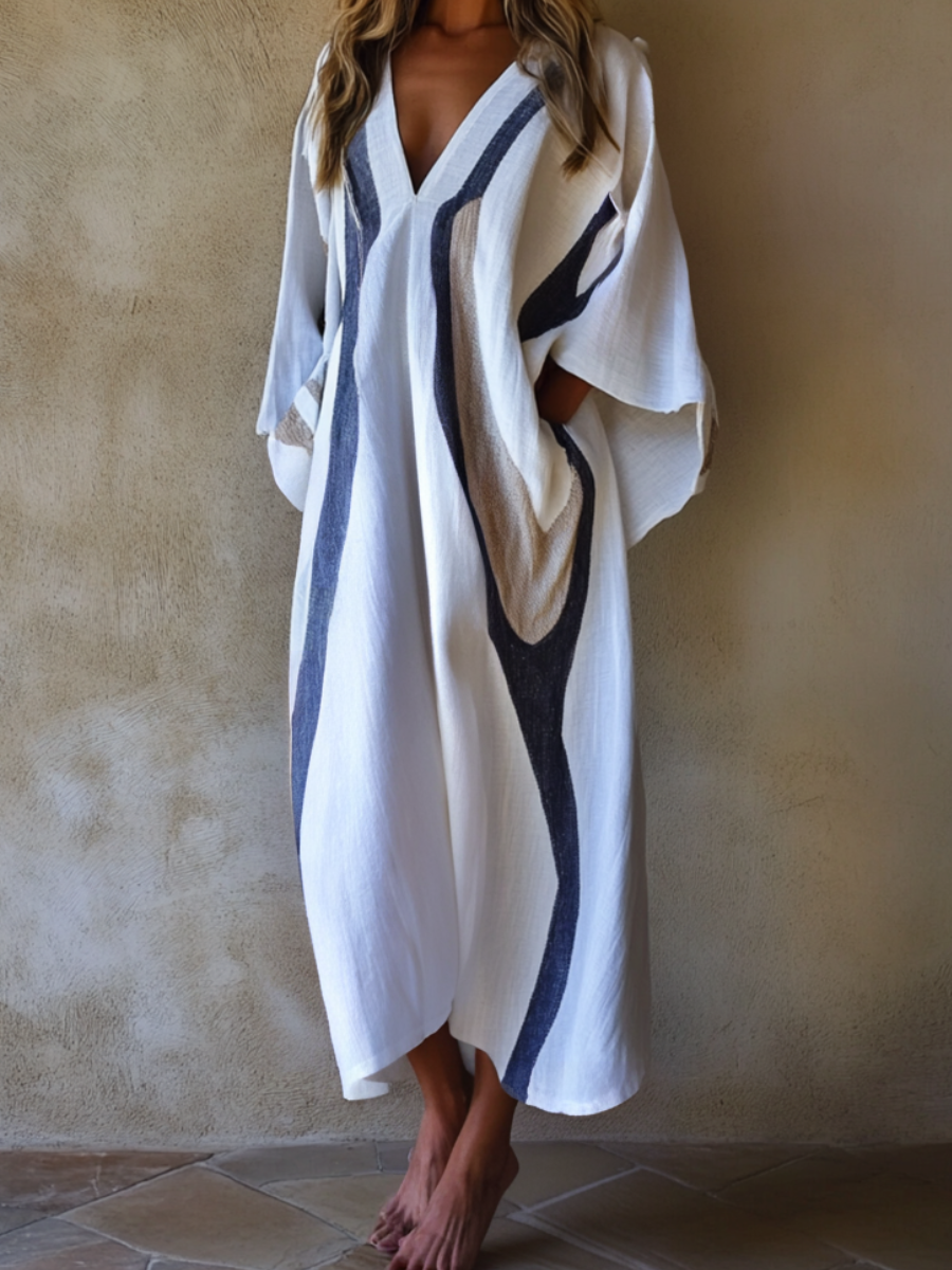 Ladies' Brushstroke Symphony Art Blue-White Linen V-Neck Robe