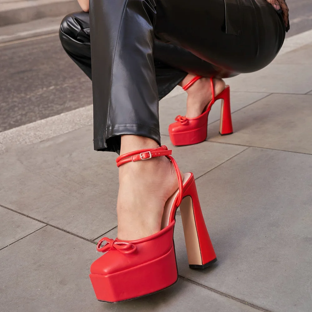 Red Square Toe Chunky Heel Ankle Strap Slingbacks with Platform