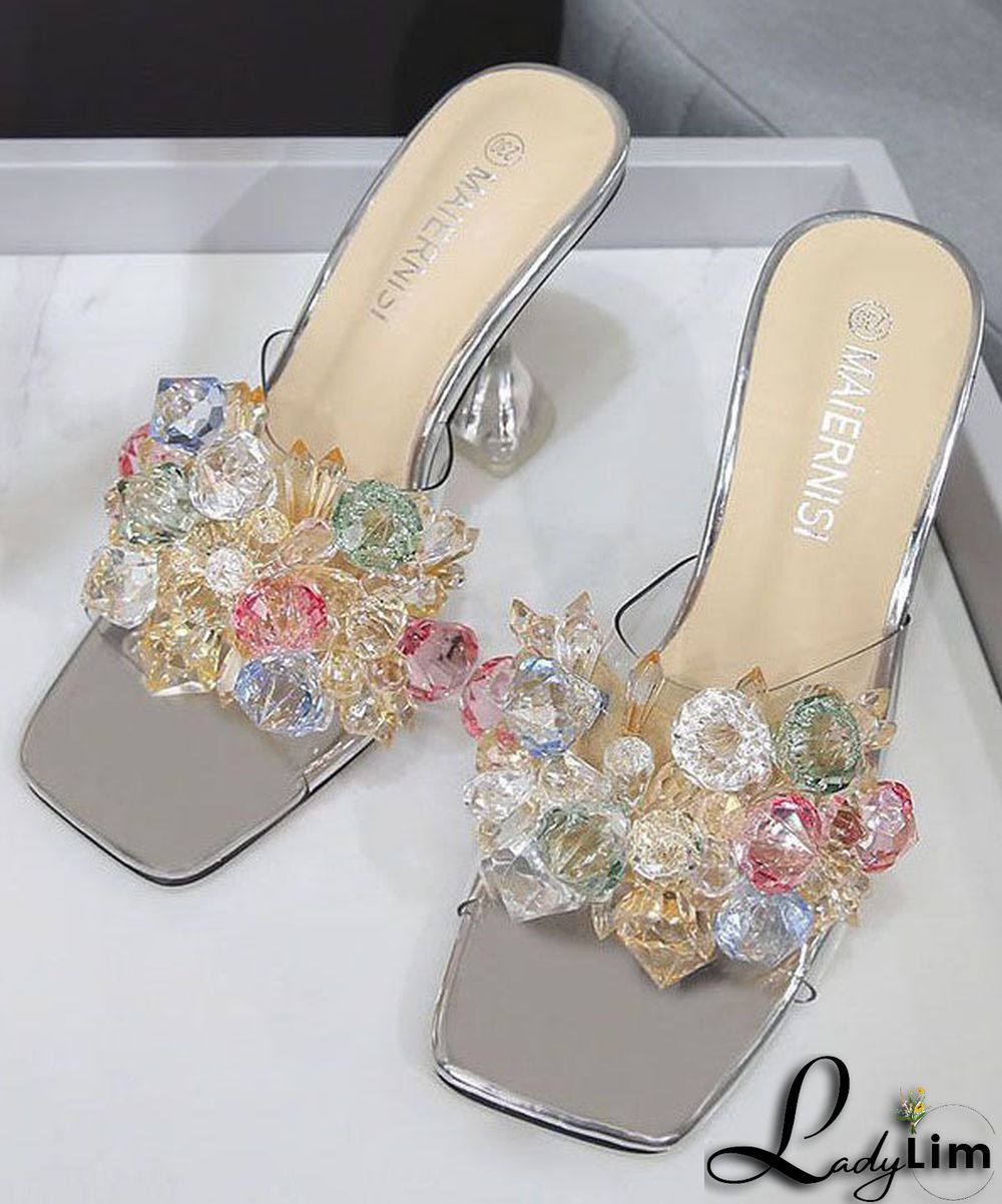 Silver Crystal Splicing Peep Toe Clear High Heel Slippers - Ladylim
