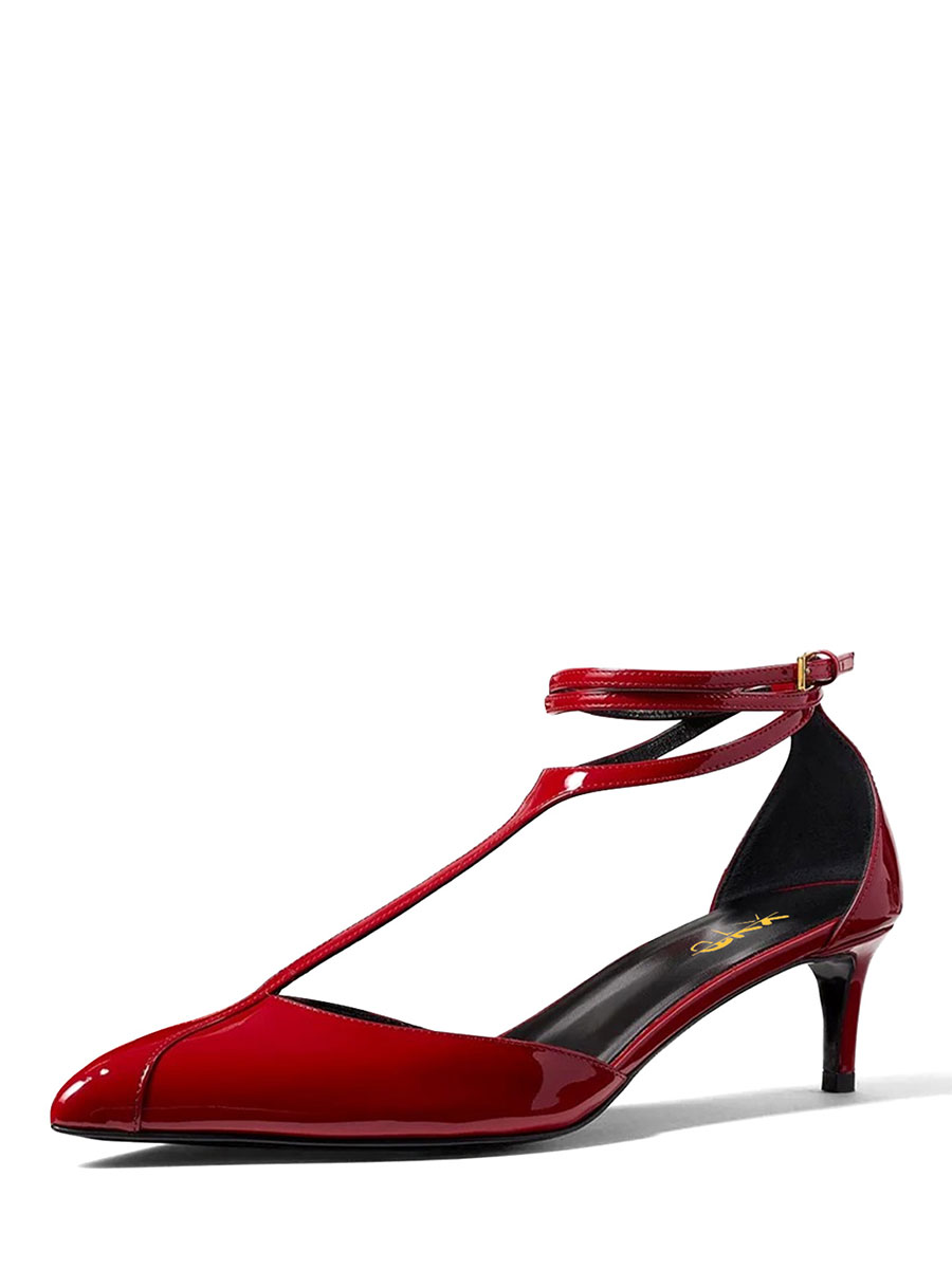 Red Patent Leather Pointed Toe T-Bar Kitten Heel Pumps for Women