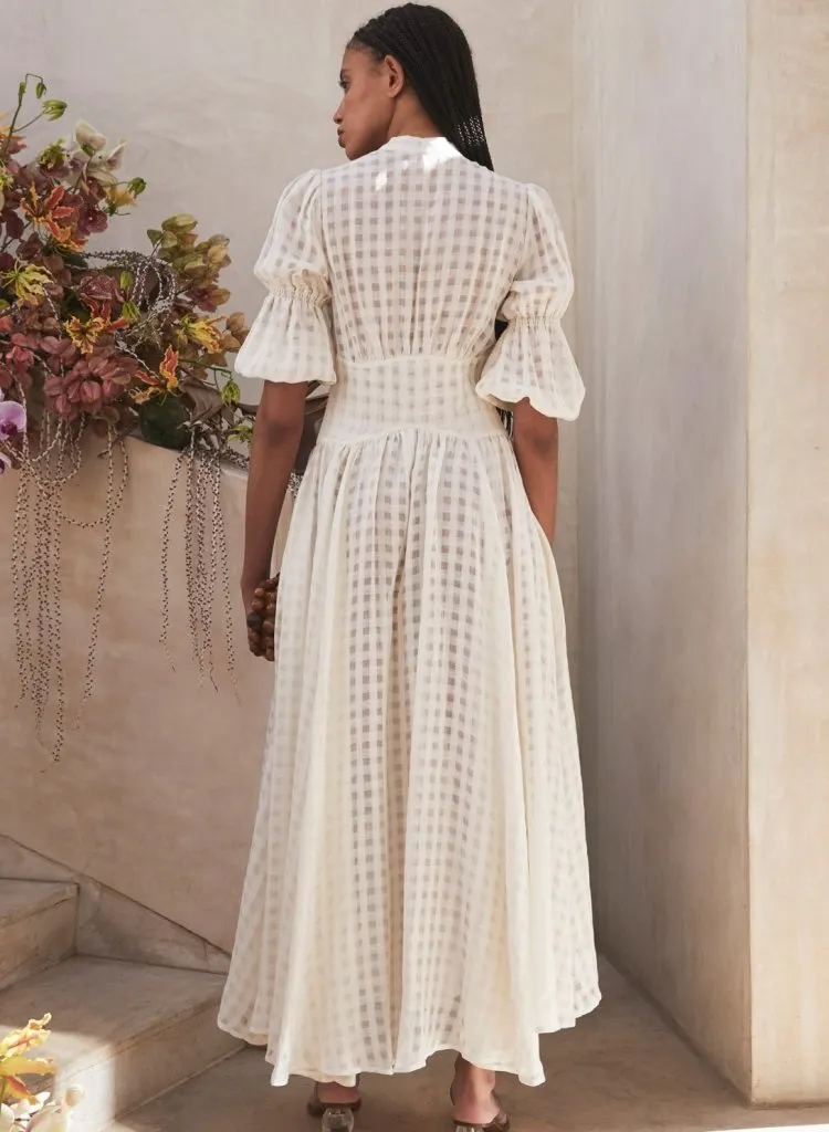 Spring White Deep V-neck Puff Half Sleeve Swing Long Dress