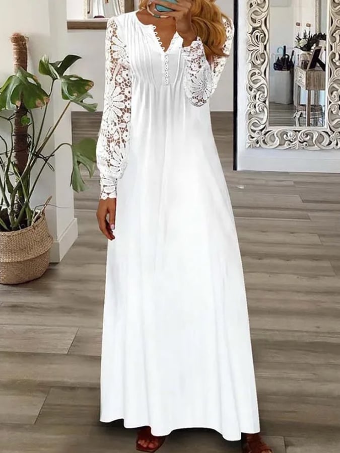 Women's Pure Color Pleated V-Neck Lace Panel Long Dress