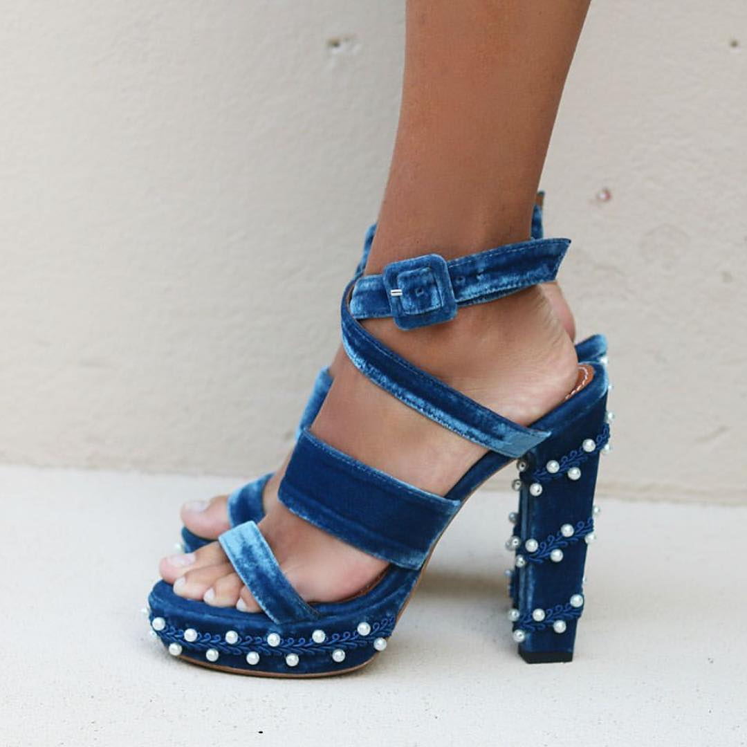 Navy Velvet Pearl Embellished Platform Block Heel Sandals