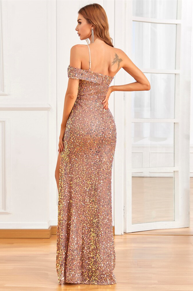 Daisda Shine Front Split One Shoulder Mermaid Evening Dress With Sequins On Sale