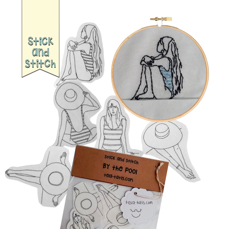 STICK AND STITCH. 5 embroidery stickers. By the pool. Stick, embroider ...