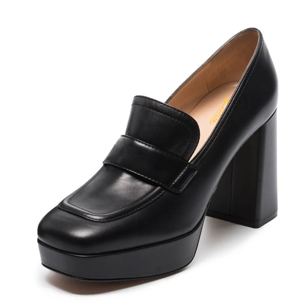 Black Slip-On Chunky Heel Platform Loafer Shoes Women with Square Toe