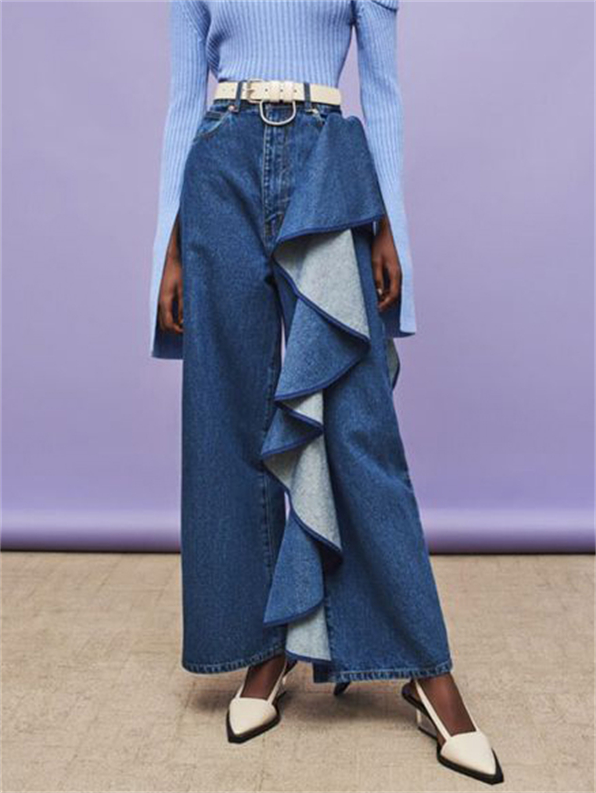 Fashionable Denim Ruffle Trim High Waist Straight Leg Jeans - Ladylim