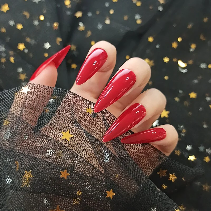 Churchf Long Tips Red Fake Nails Press on Nail Art with Glue Stick ...