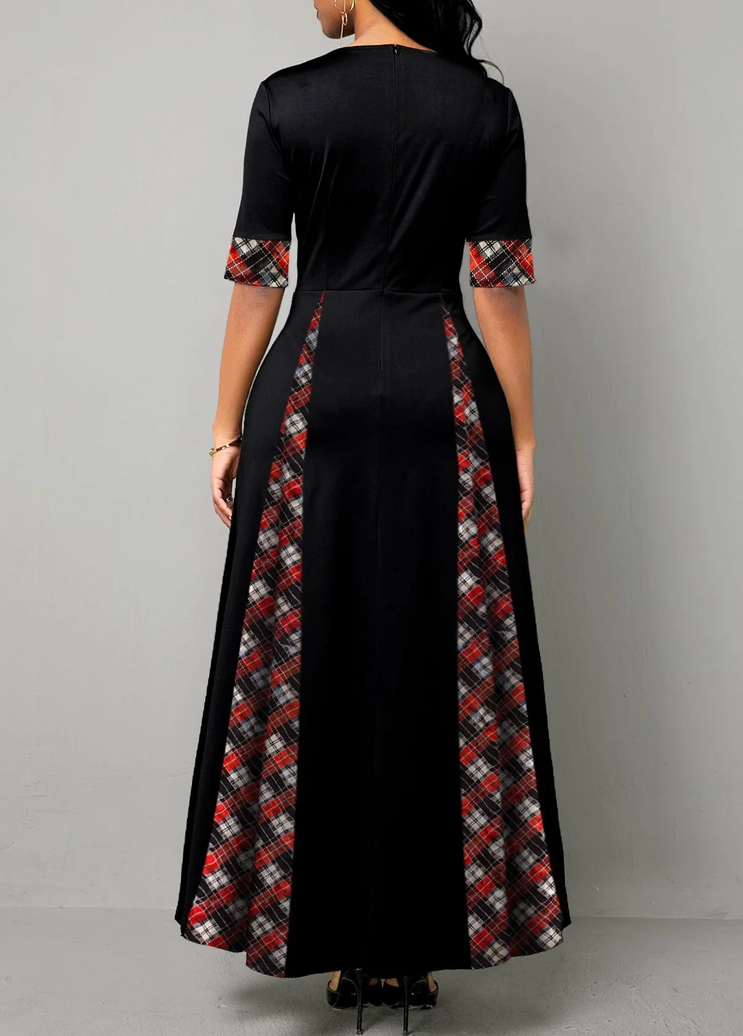 Plus Size Dresses Plaid Floral Patchwork Half Sleeve Maxi Dress