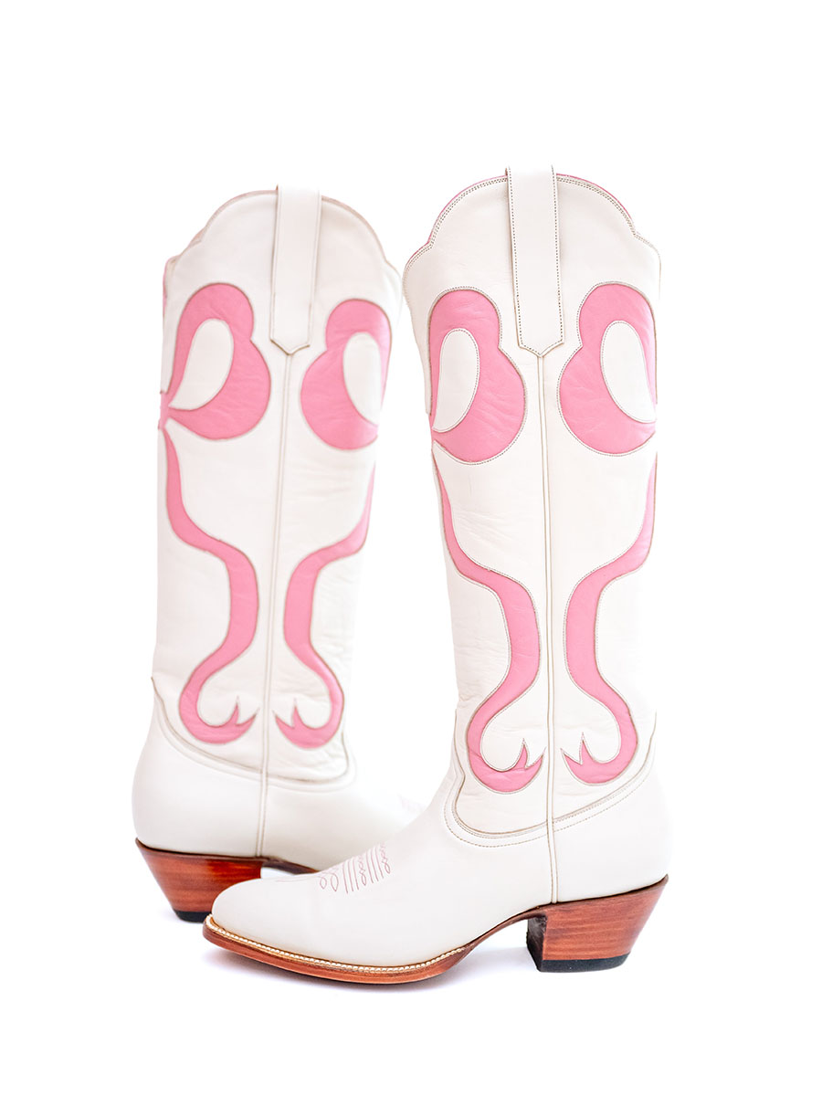 White Pointed Toe Pink Bow Inlay Knee High Cowgirl Boots with Chunky Heel