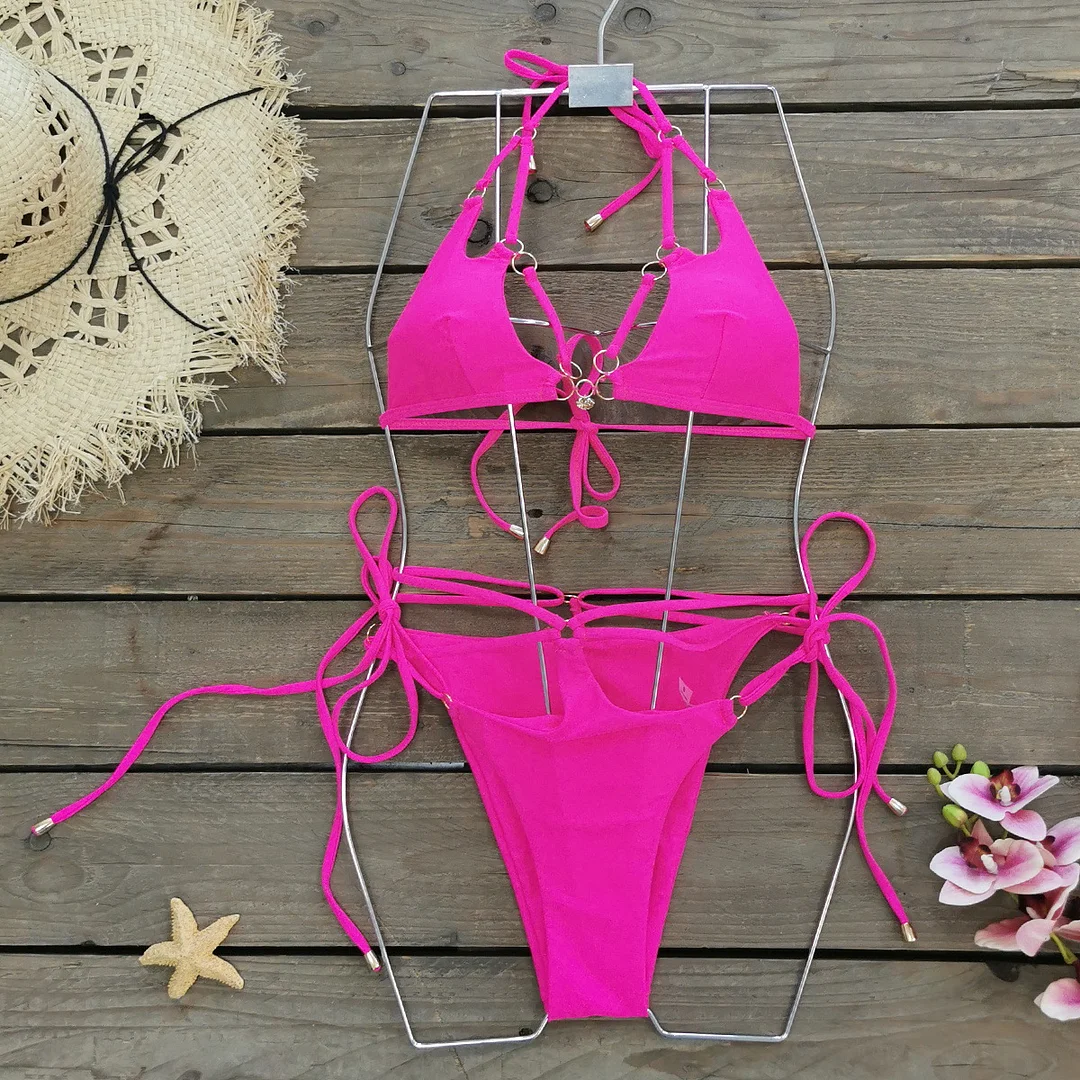 Yyvonne Three-Point Solid-Color Bikini 2025 New Split Swimsuit Female Strap Sexy Bikini