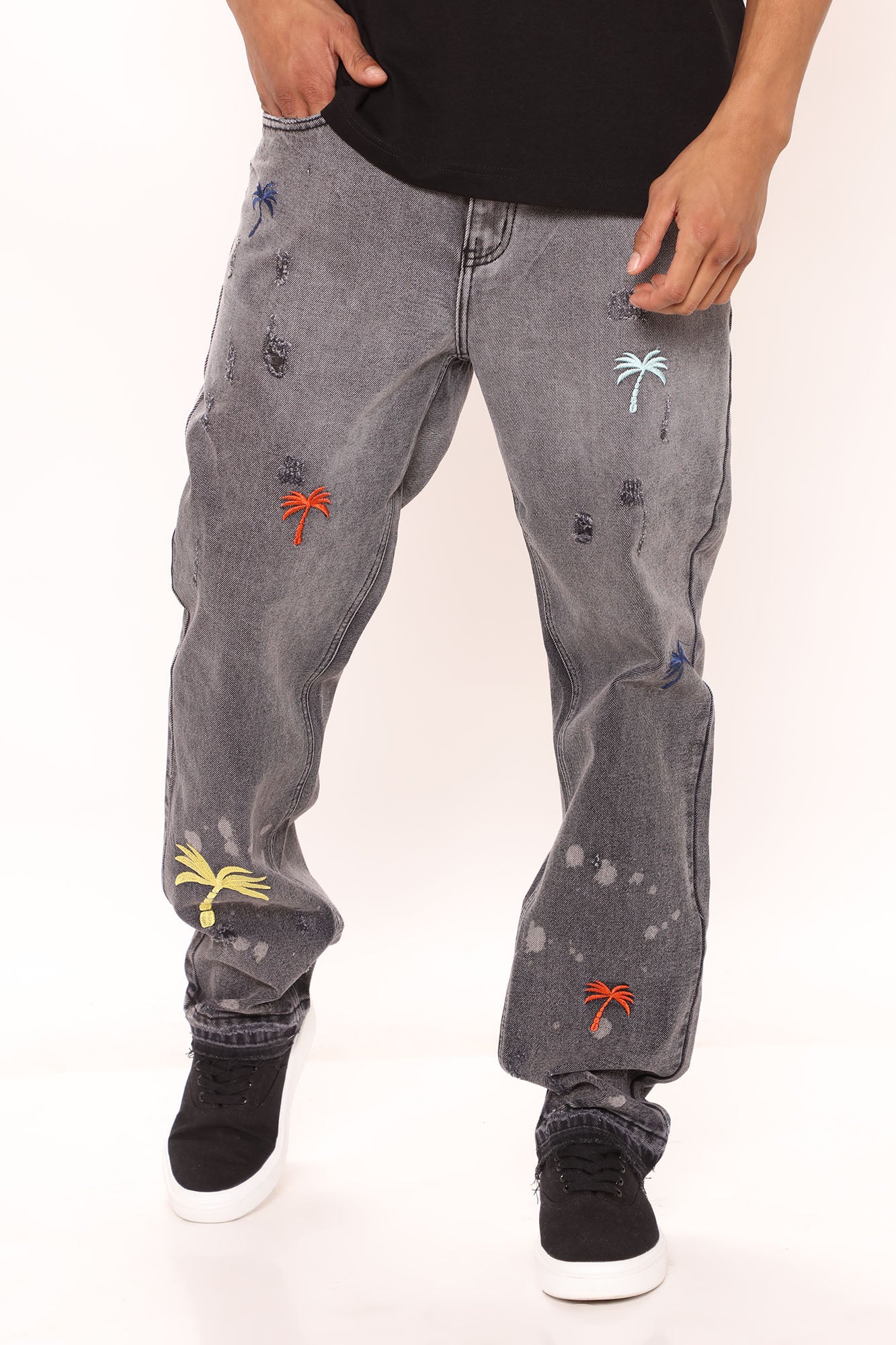 Splatter Palm Trees Straight Jeans - Black Wash