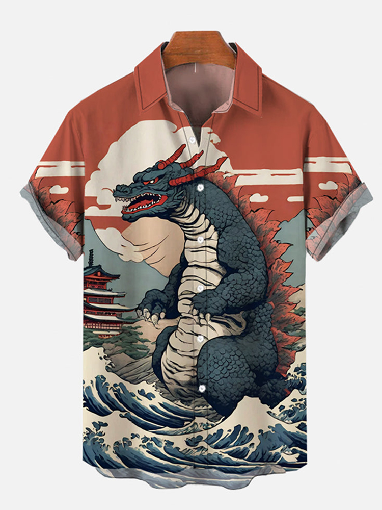 Funbibi Men's Vintage Monster Godzilla Waves Printing Short Sleeve Shirt