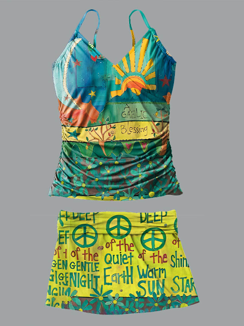 V-Neck Vintage Hippie Flowers Print Suspender Skirt Tankini Pantskirt ...