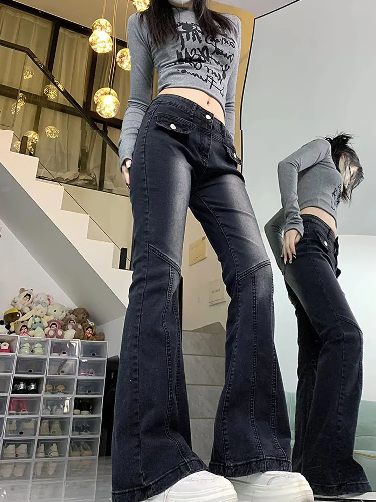 Churchf Quality Office Lady Black Flare Jeans Low Waist Slim Tight Bell ...