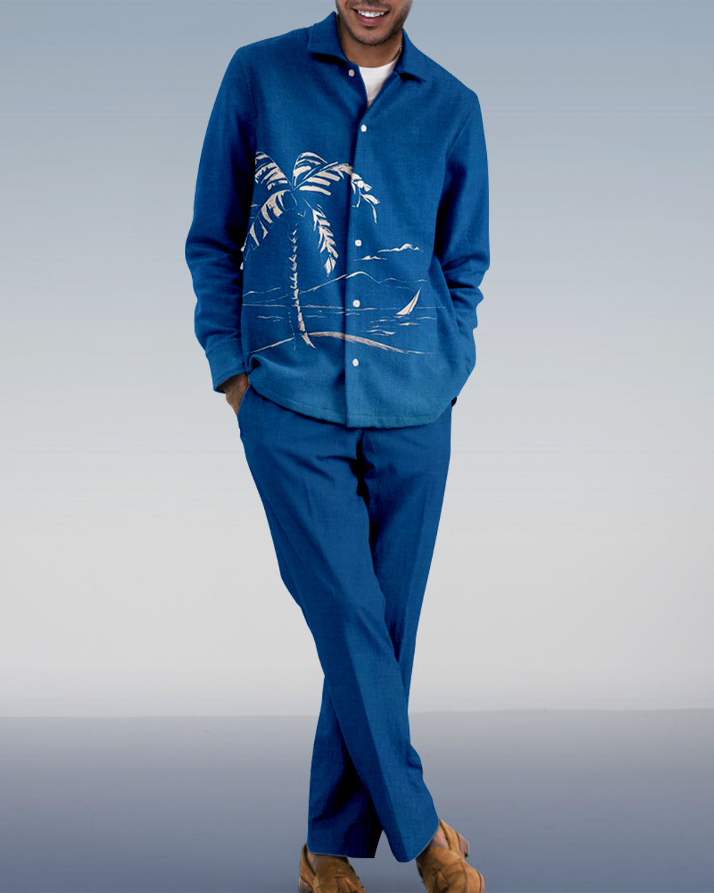 Suitmens Men's Gradient Texture Coconut Tree Long Sleeve Walking Suits-0069