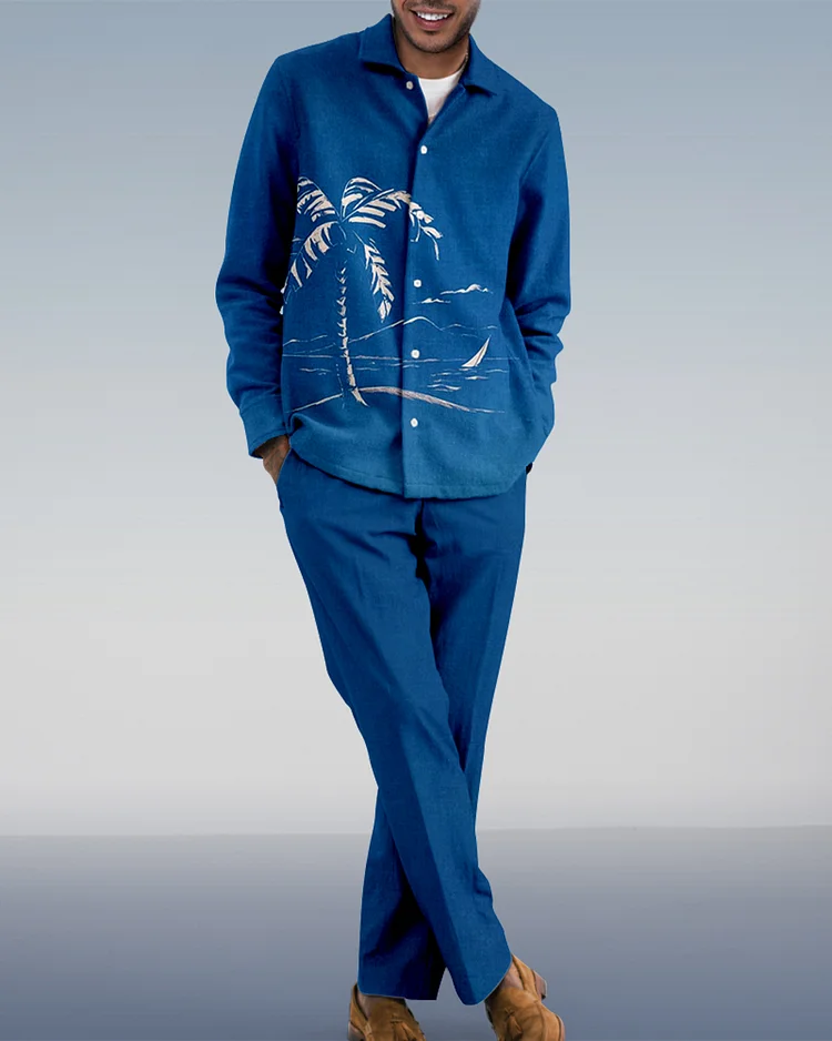 Suitmens Men's Gradient Texture Coconut Tree Long Sleeve Walking Suits-0069