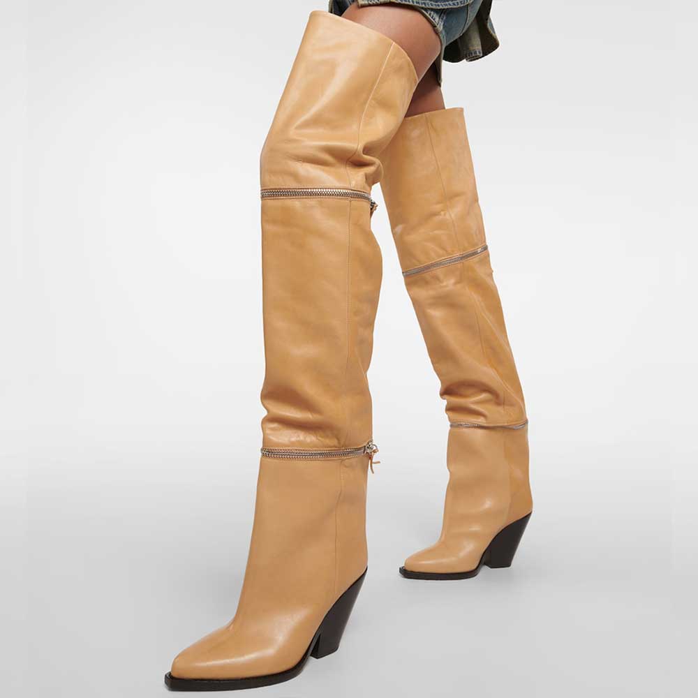 Trendy Removable Zipper Design Chunky Heel Tall Boots for Women