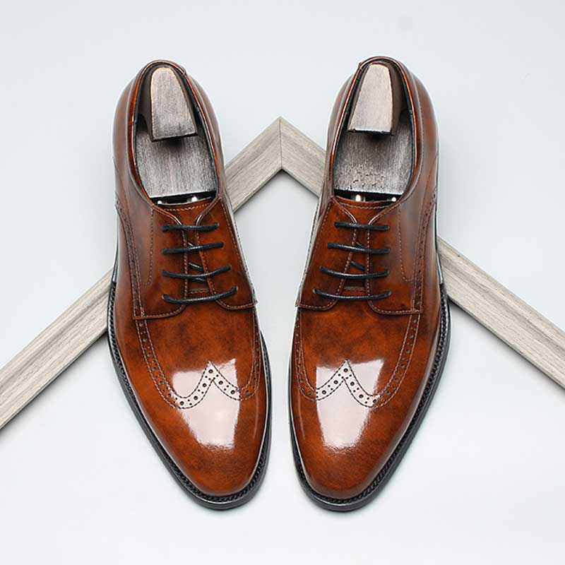 Genuine Leather Men's Brown Wing Tip Derby Shoes for Wedding & Business