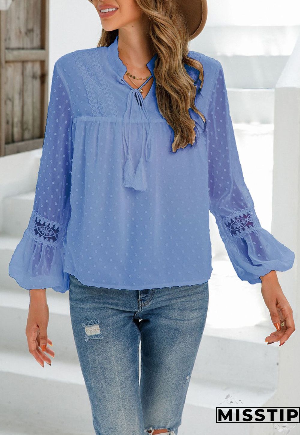 Tassel Tie Neck Clip Dot Blouse - MissTip