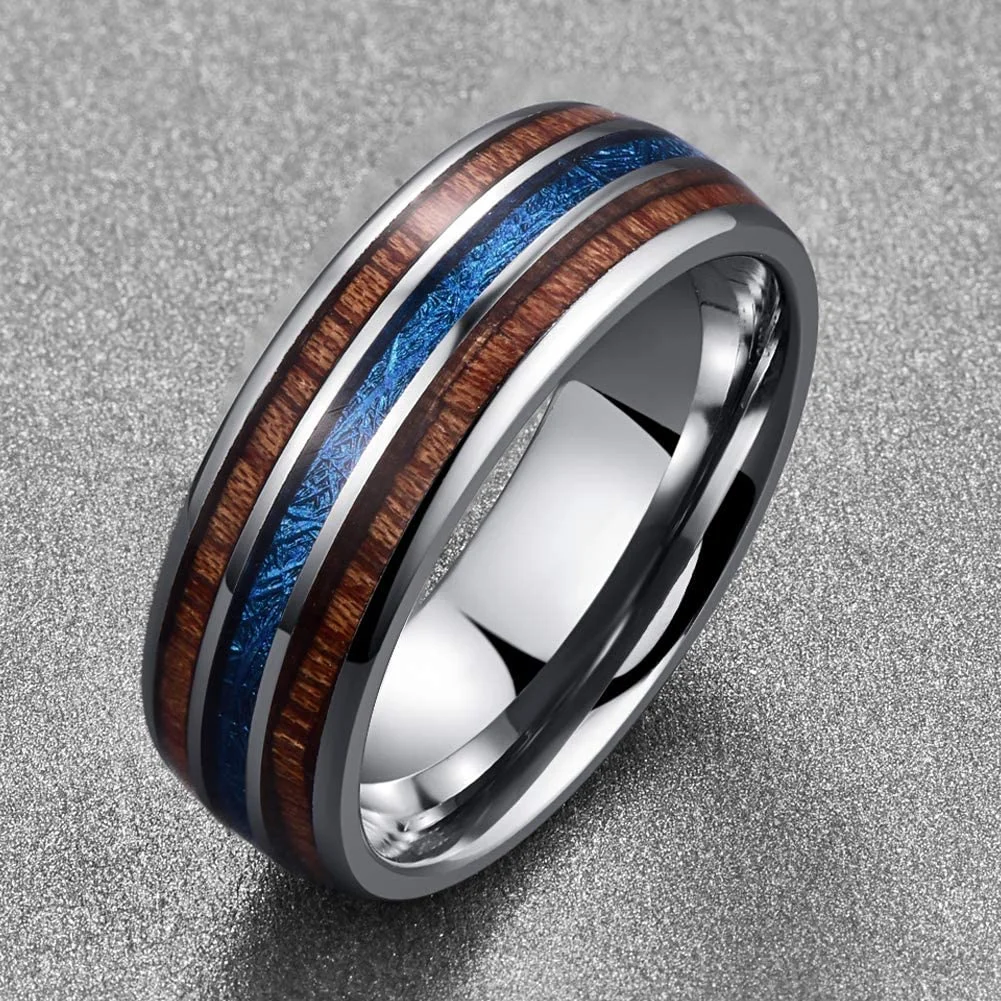 Women Men Tungsten Carbide Rings Domed Hawaiian Koa Wood Blue Imitated ...