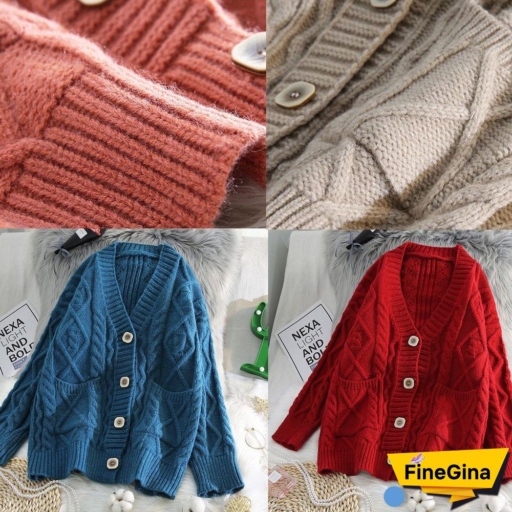 FineGina Comfy red knit jacket oversized spring two pockets knitwear