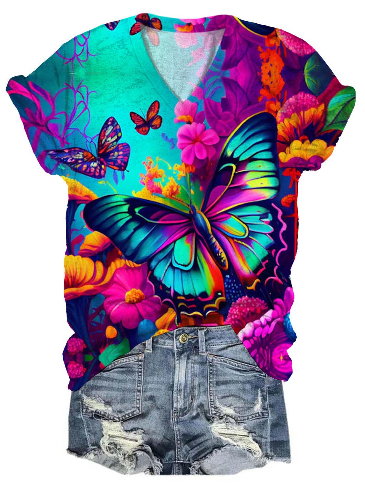 FineGina Women's V-neck Colorful Butterfly Print Top