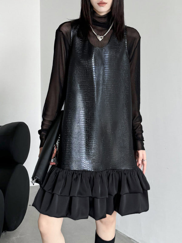 Goth Black Loose U-Neck A-Line Double Layered Ruffled Hem Sleeveless Dress