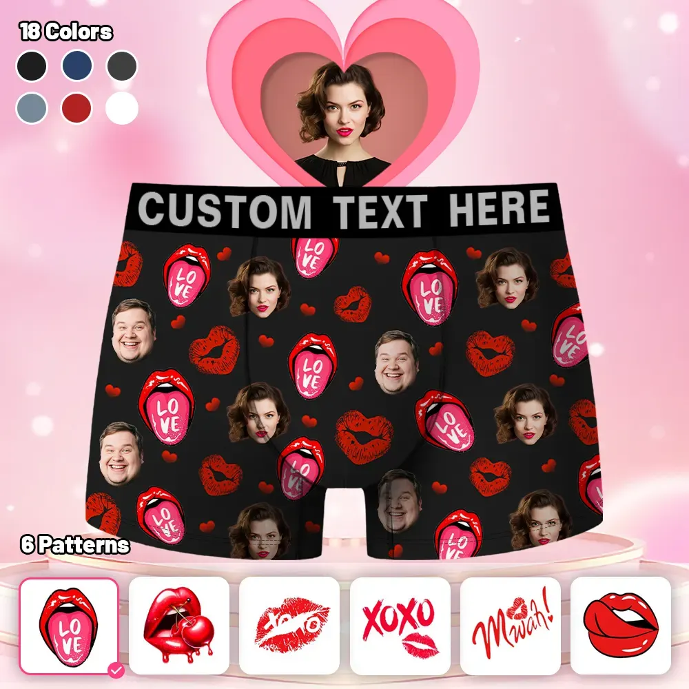 Custom Men's Boxer Witn Your Face Red Lip & Heart Design Valentine's ...