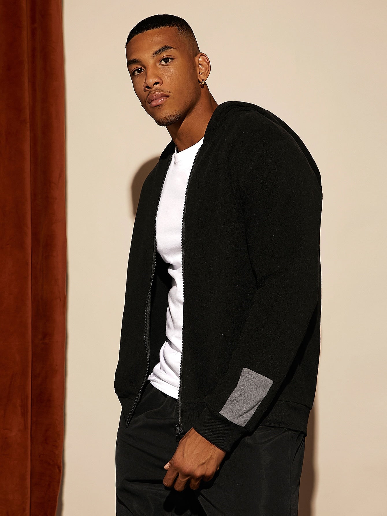 Men Contrast Panel Zip Up Hoodie